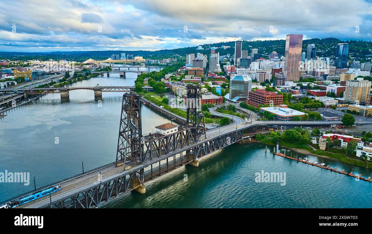 Aerial View of Portland Steel Bridge with Moving Train and Cityscape ...