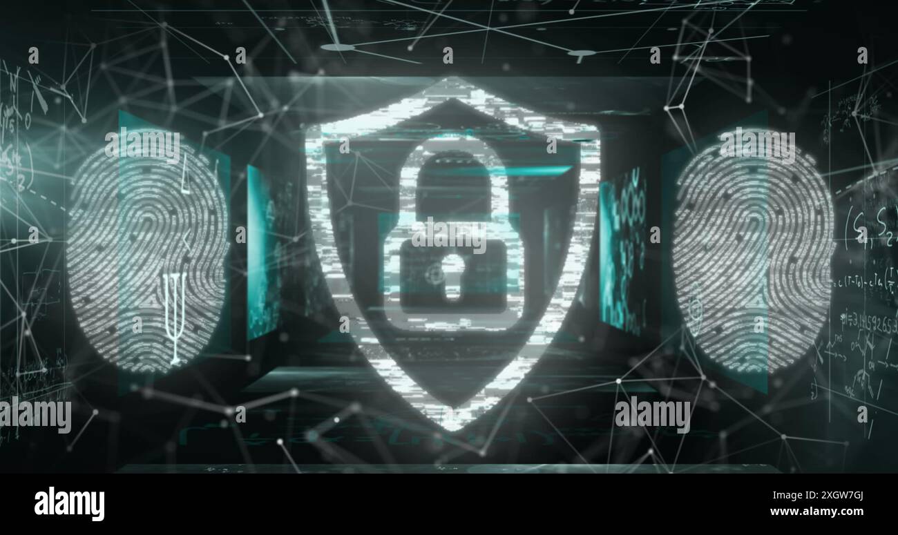 Image of molecules over blinking security padlock and computer circuit ...