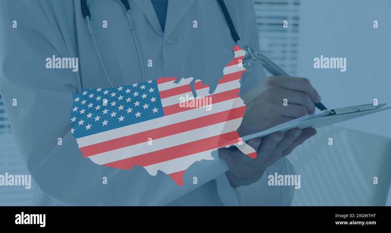 Image of flag of united states of america over happy new building ...