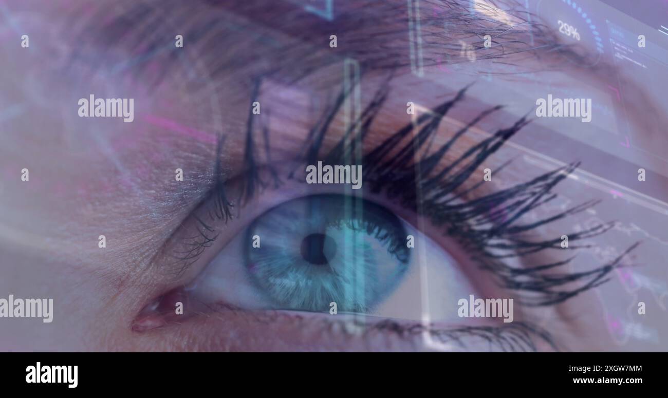 Image of digital screen with data processing over eye of caucasian ...