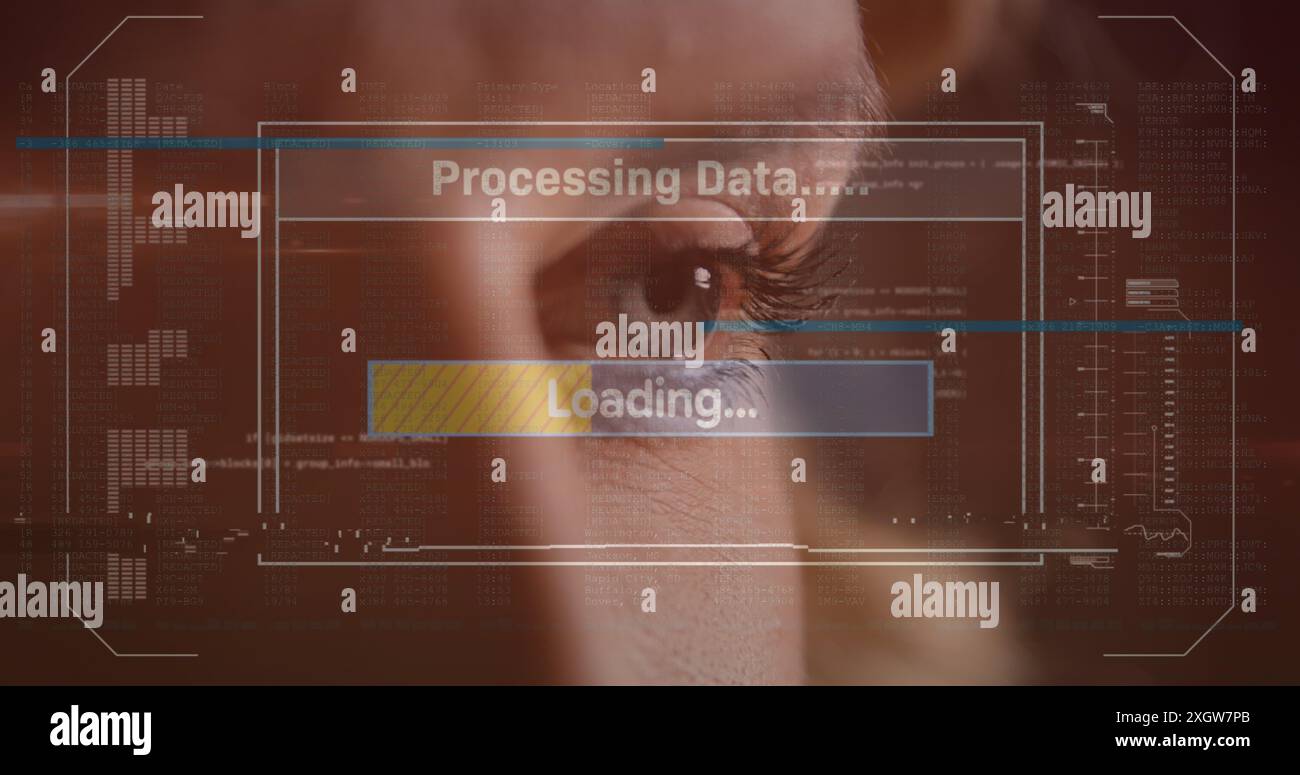 Image of digital screen with data processing over eye of caucasian ...