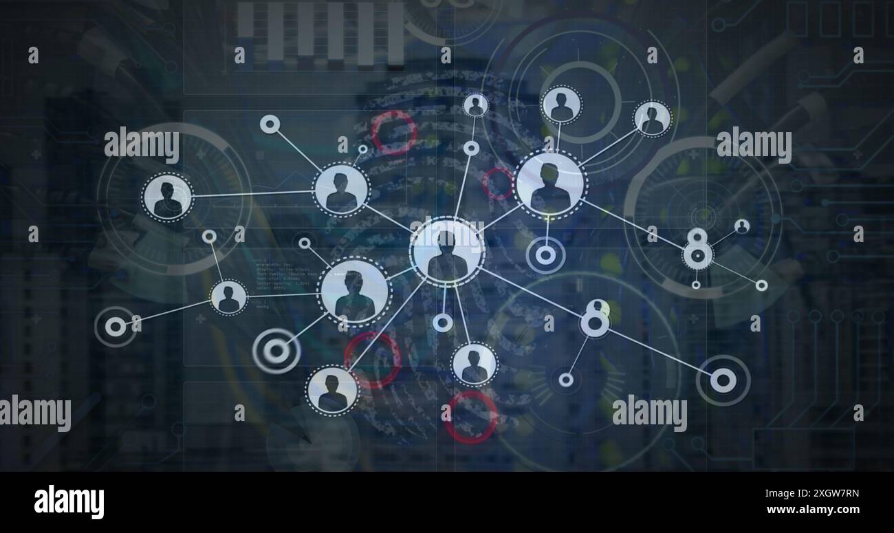 Image of profile icons connecting with lines and circles against cables ...