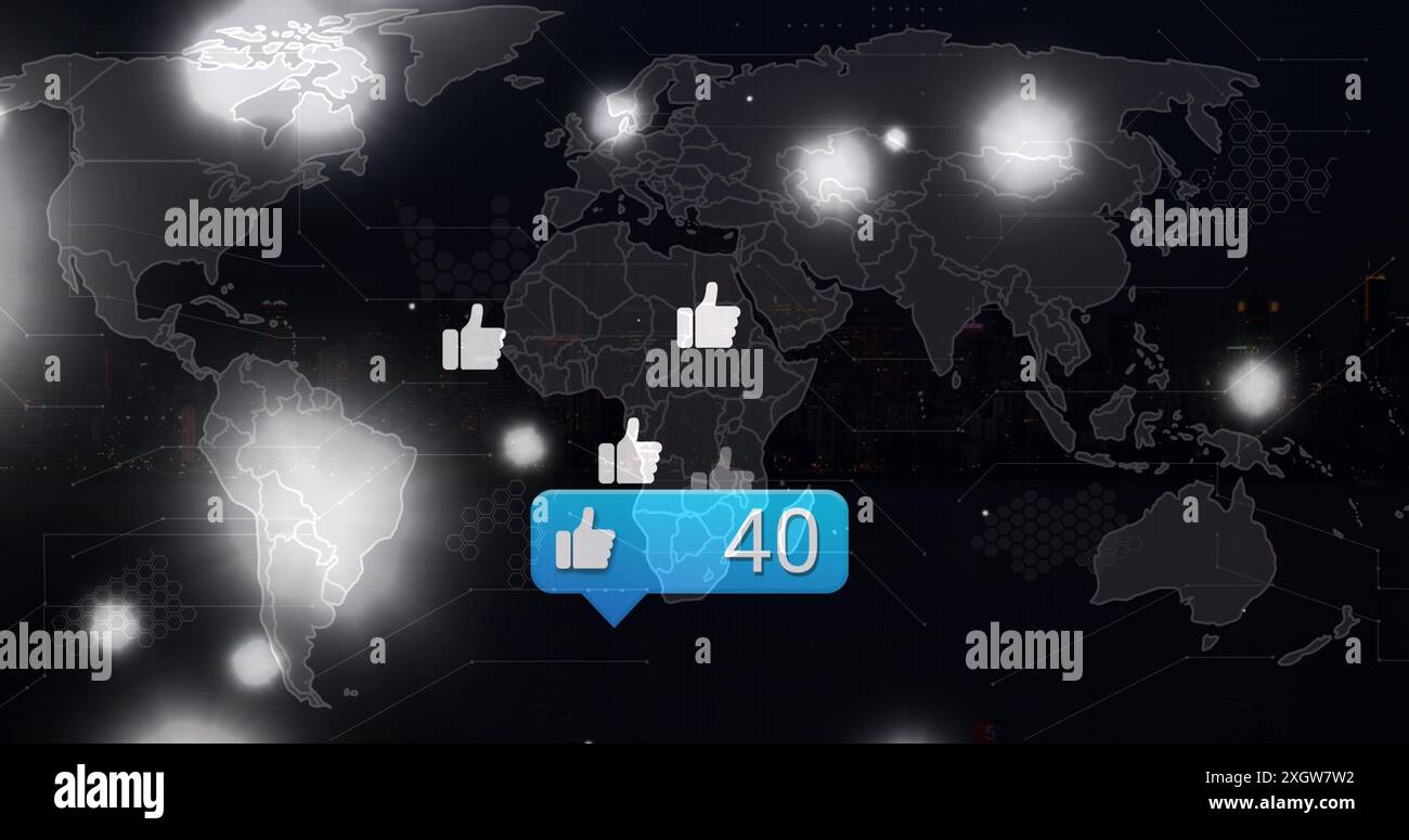 Image of speech bubble with increasing number of likes, thumbs up signs ...