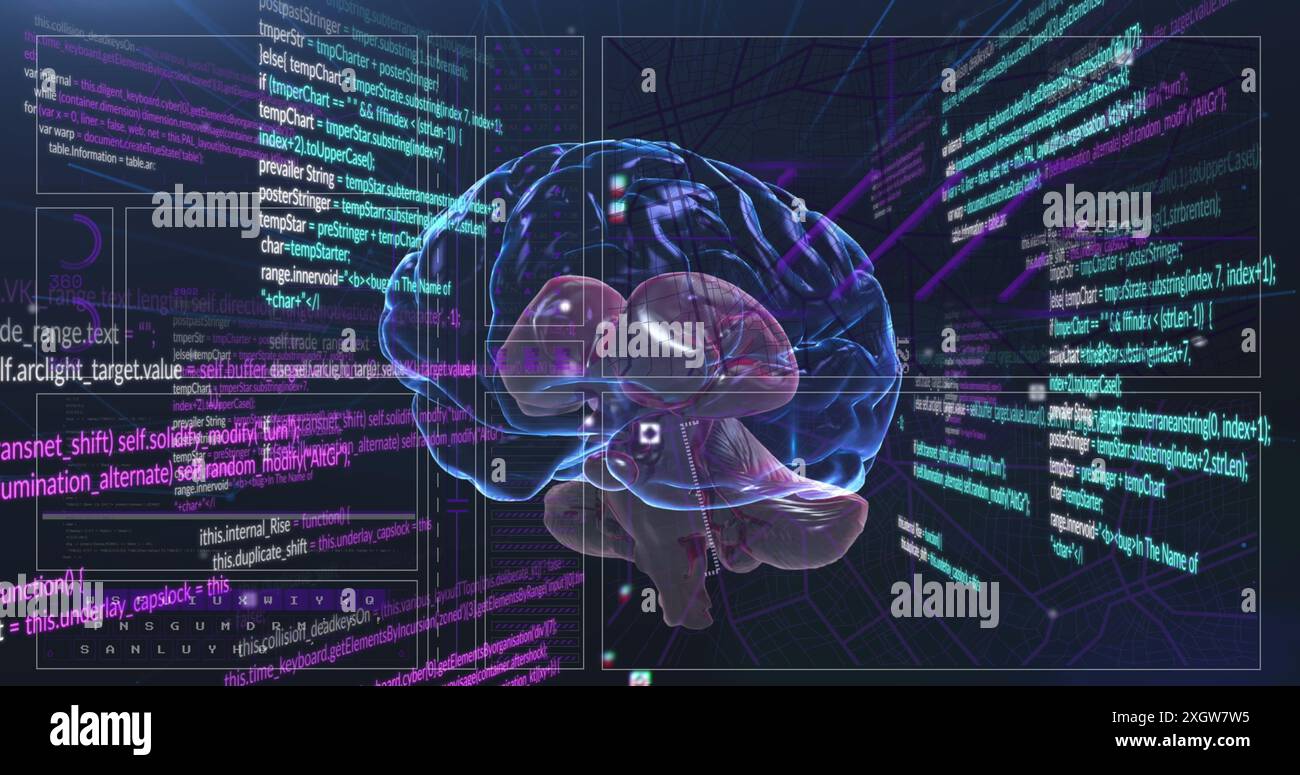 Image of data processing over human brain on digital interface. Digital ...
