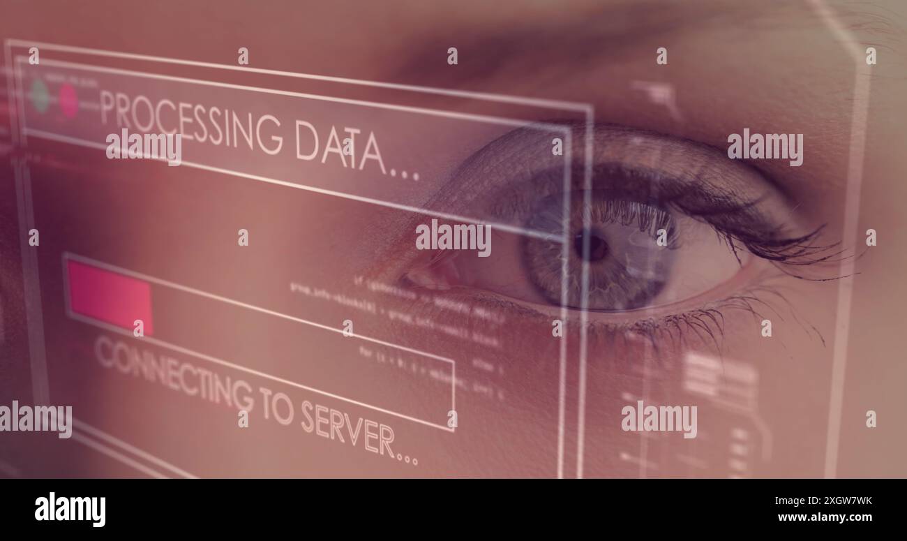 Image of digital screen with data processing over eye of caucasian woman. Data processing ...