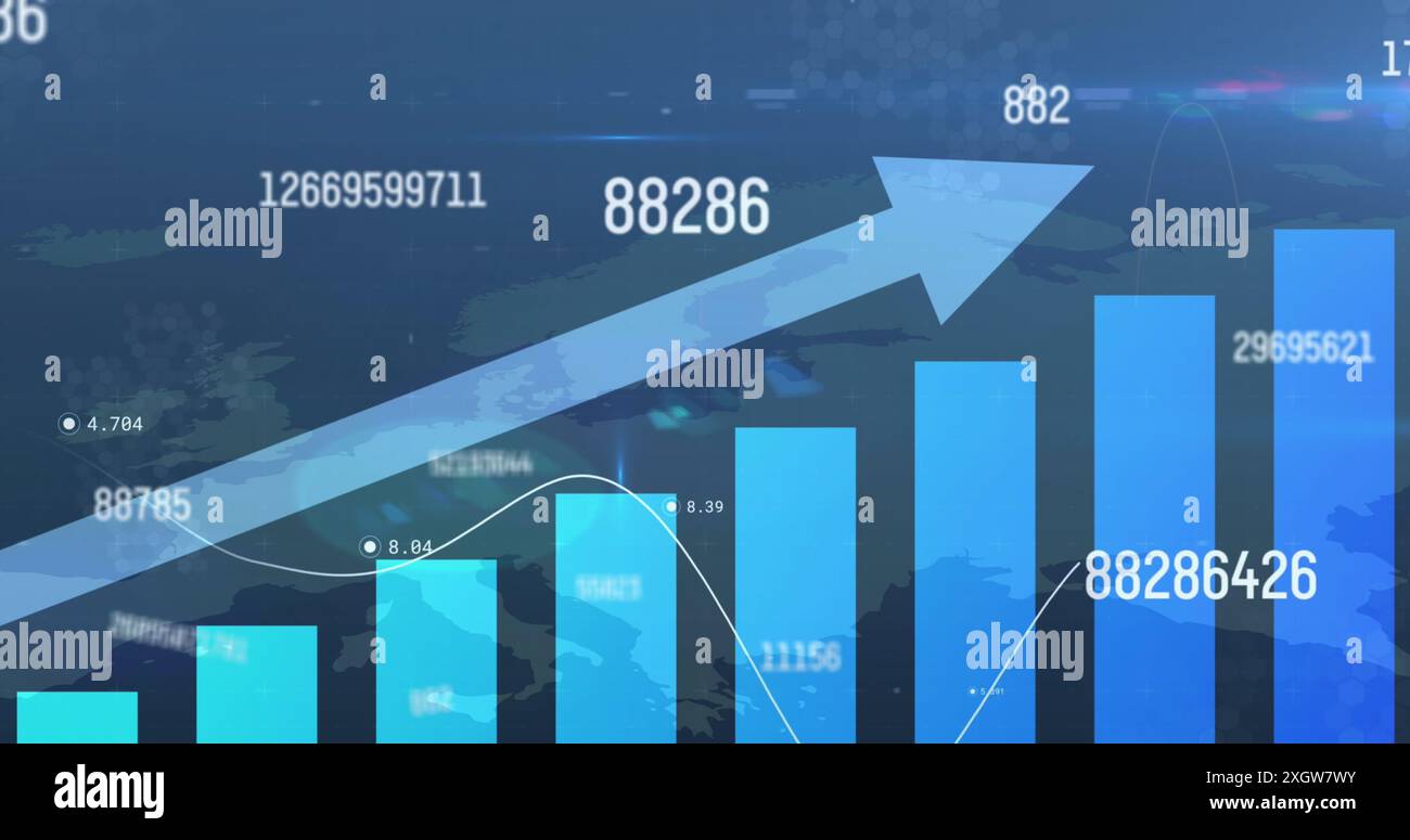 Image of arrow, increasing numbers over bar graph against world map ...