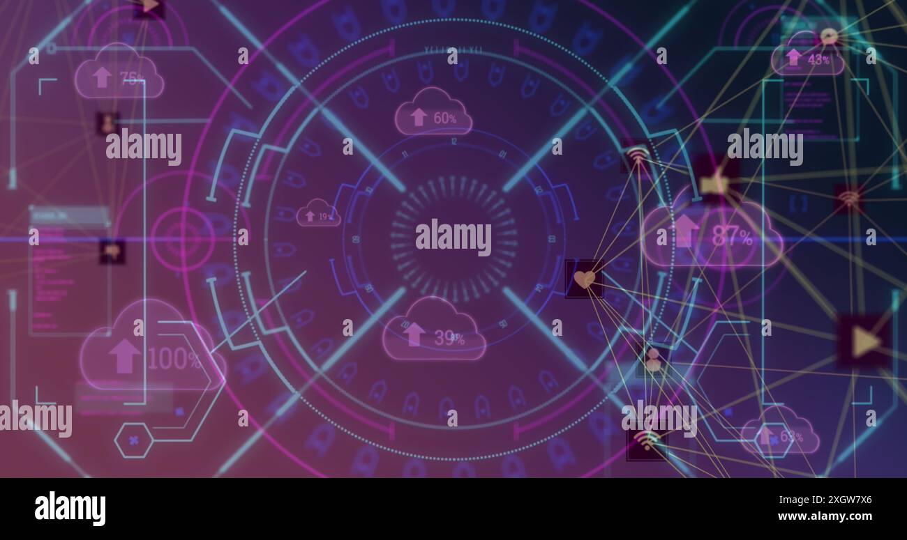 Image of digital profile icons connecting with lines and clouds with ...