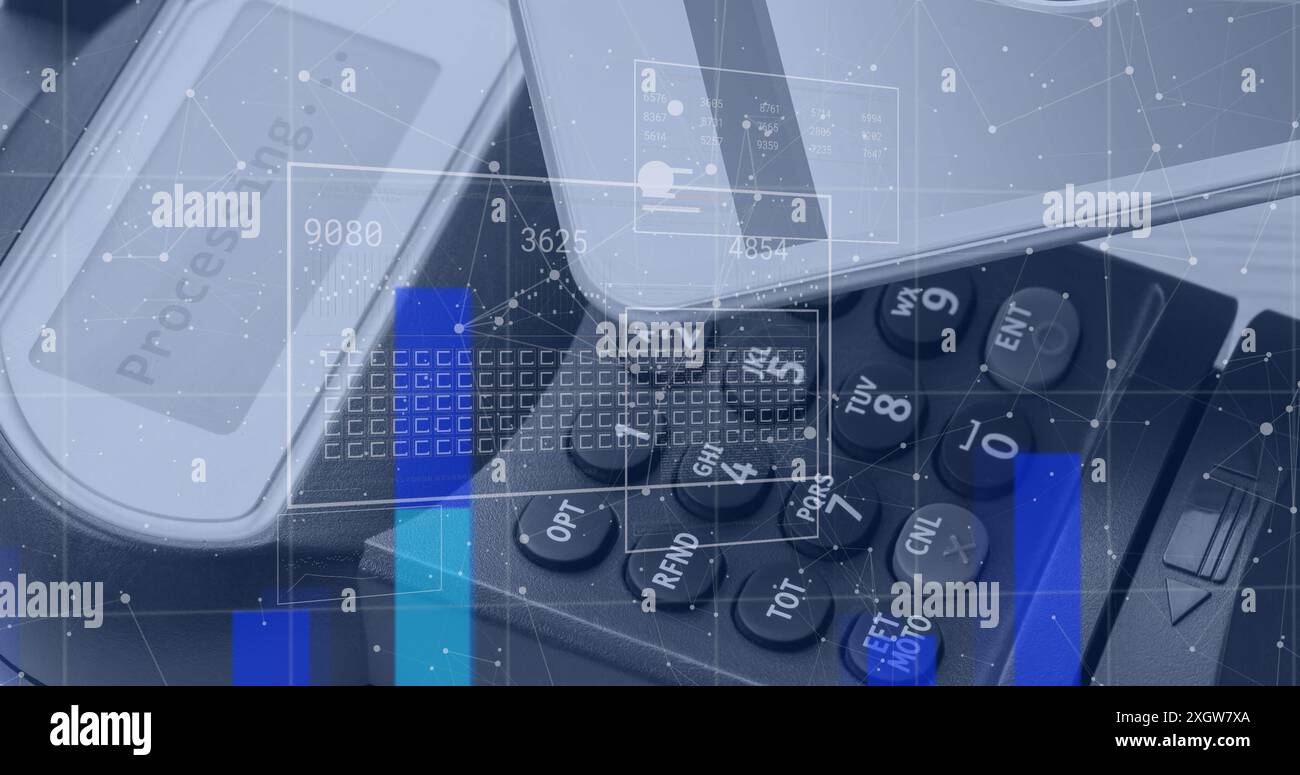 Image of financial data, graphs processing on digital interface against credit card reader ...