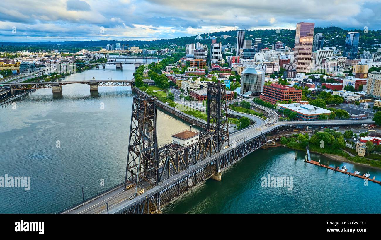 Aerial View of Portland Steel Bridge and Downtown Skyline Stock Photo ...