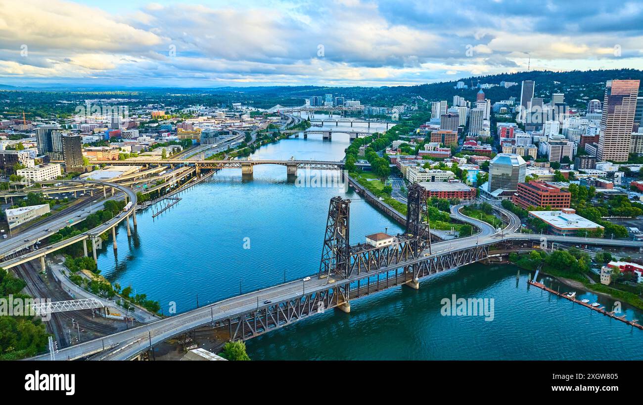 Aerial View of Portland Steel Bridge Over Calm River Stock Photo - Alamy