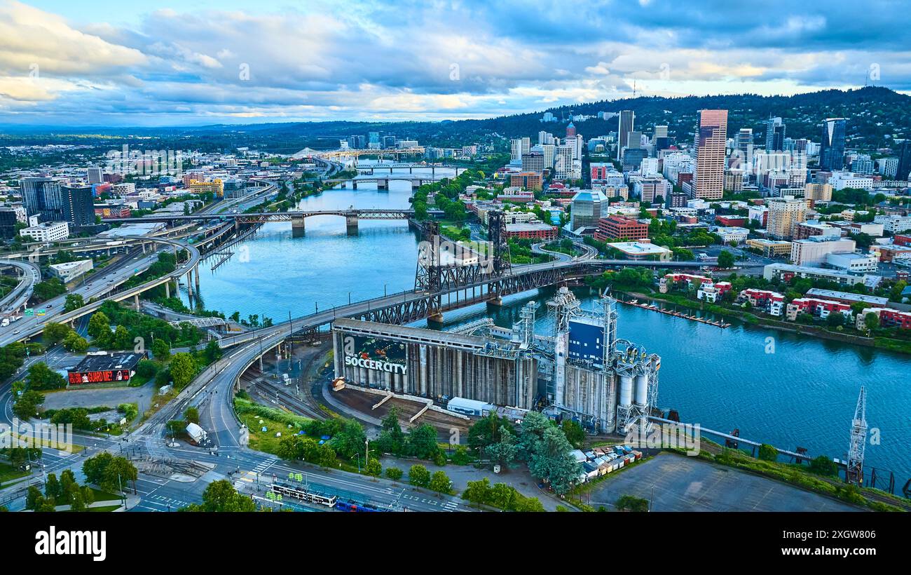 Aerial View of Portland Oregon with Steel Bridge and Willamette River ...