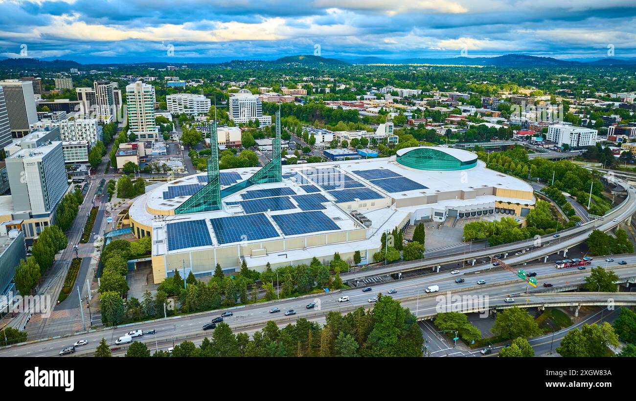 Aerial View of Portland Cityscape with Solar Panels and Highway Stock ...