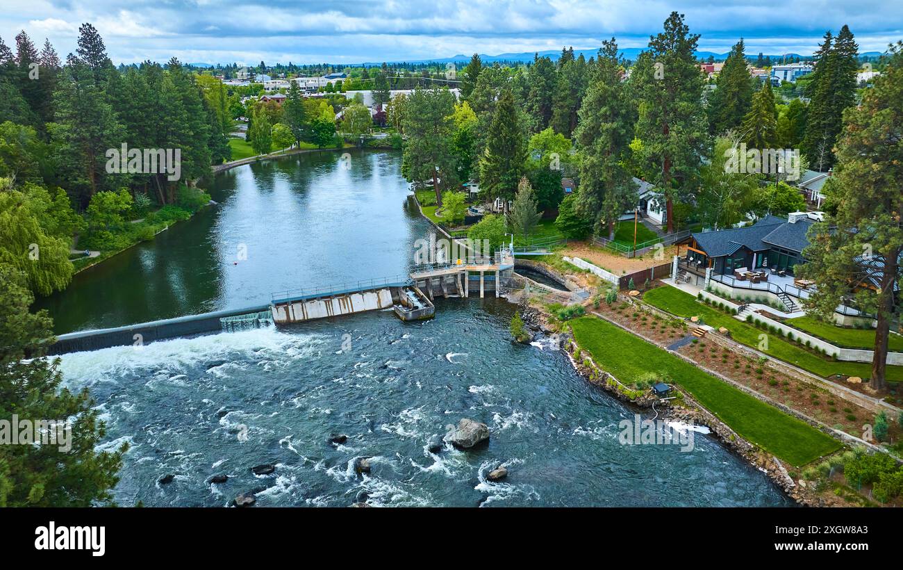 Aerial View of Suburban River Recirculating Currents and Spillway Stock ...