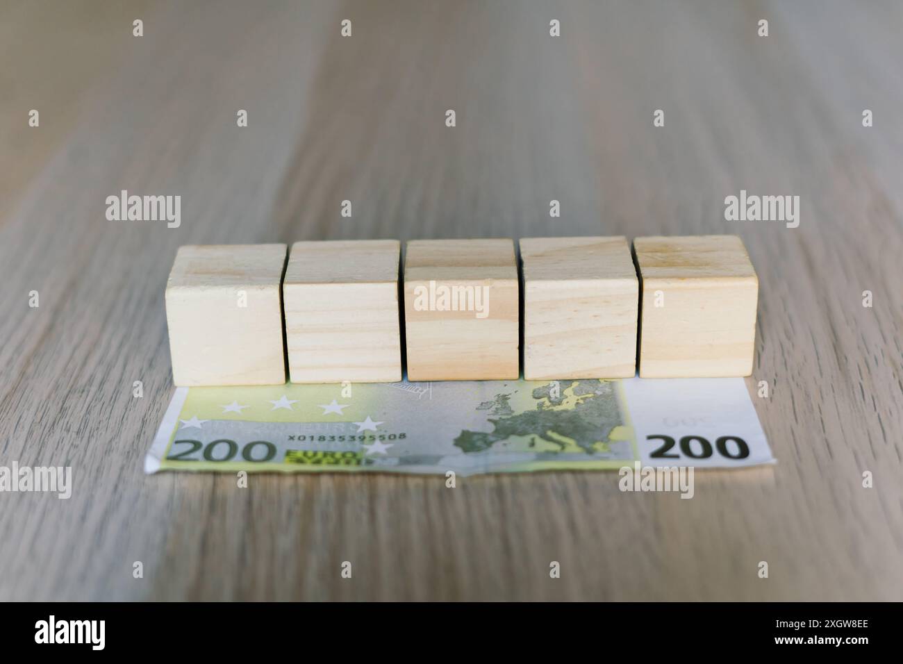 Wooden cubes blocks, money 200 Euro banknotes. Management big salary ...