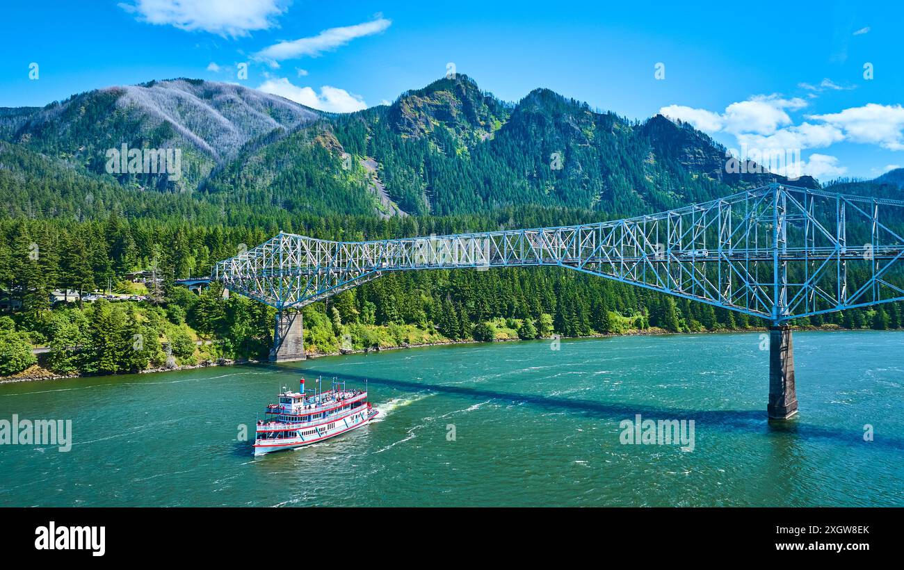 Aerial View Paddle Steamer and Bridge of the Gods in Lush Mountainous ...