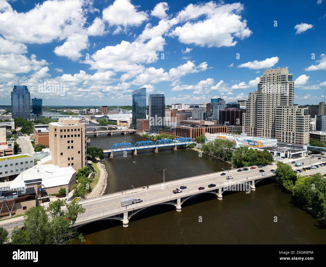 Aerial view over downtown Grand Rapids Michigan with the Fulton Street ...
