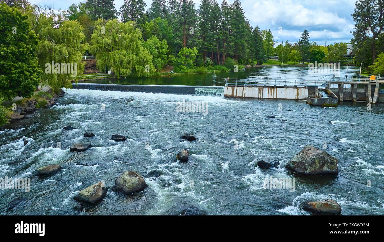 Aerial of Bend River Spillway Recirculating Currents and Lush Park Area ...