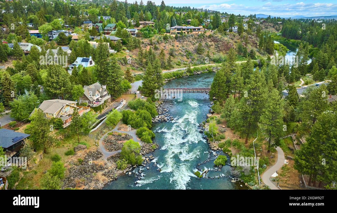 Aerial Fly Over Riverside Homes and Lush Greenery in Oregon Stock Photo ...