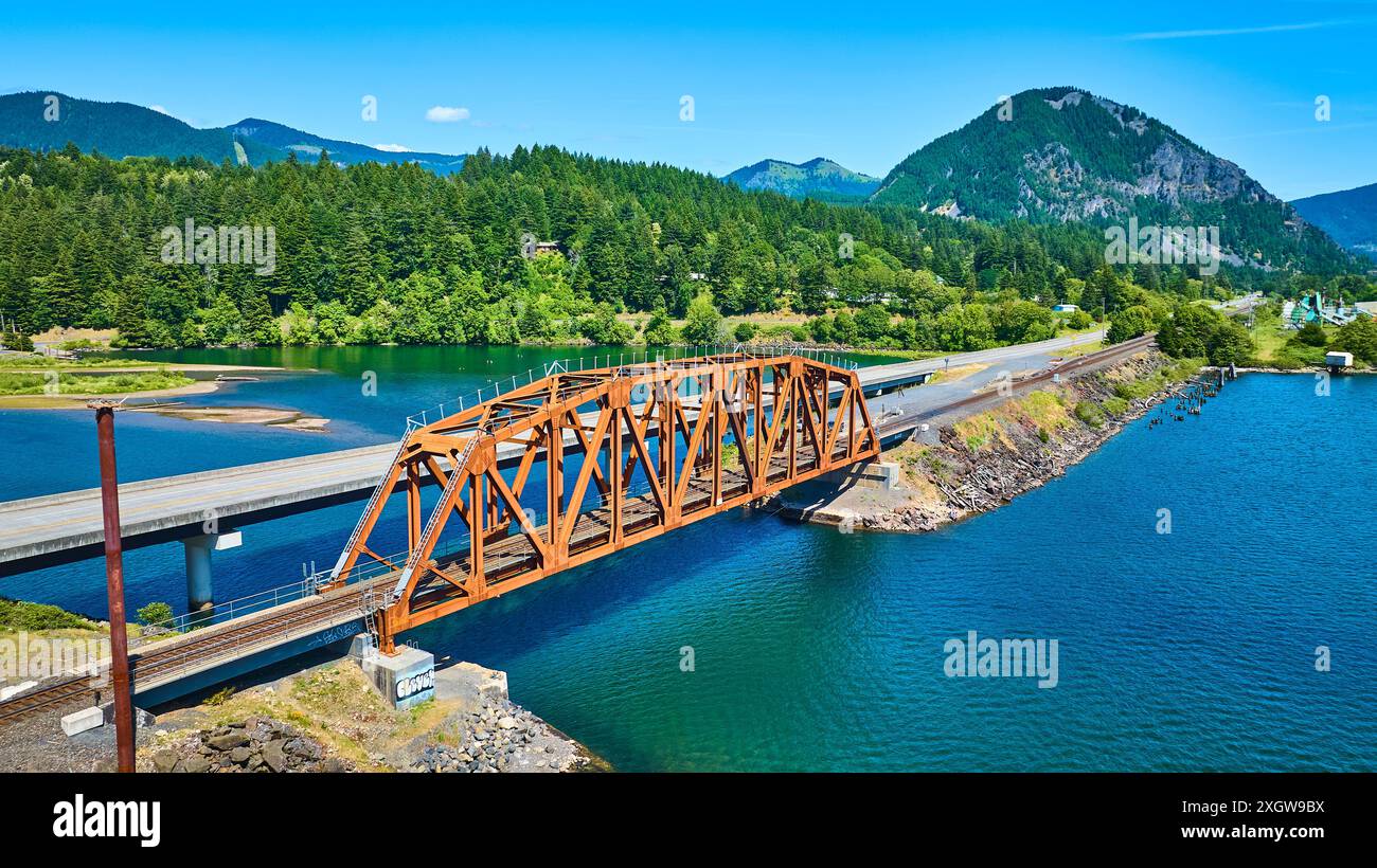 Aerial View of Dual Bridges Over Serene River in Columbia Gorge Stock ...