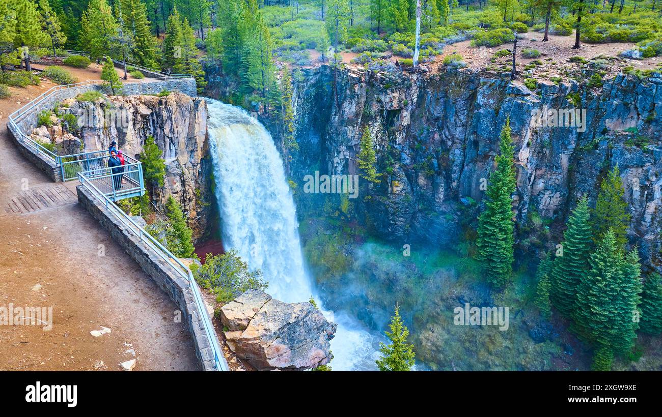 Aerial View of Tumalo Falls Cascading into Lush Canyon with Viewing ...