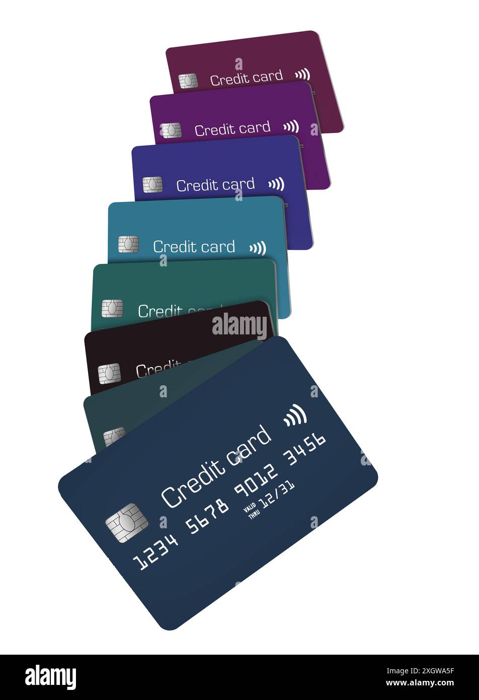 Here are generic, mock credit cards that are lined up in a spectrum of ...