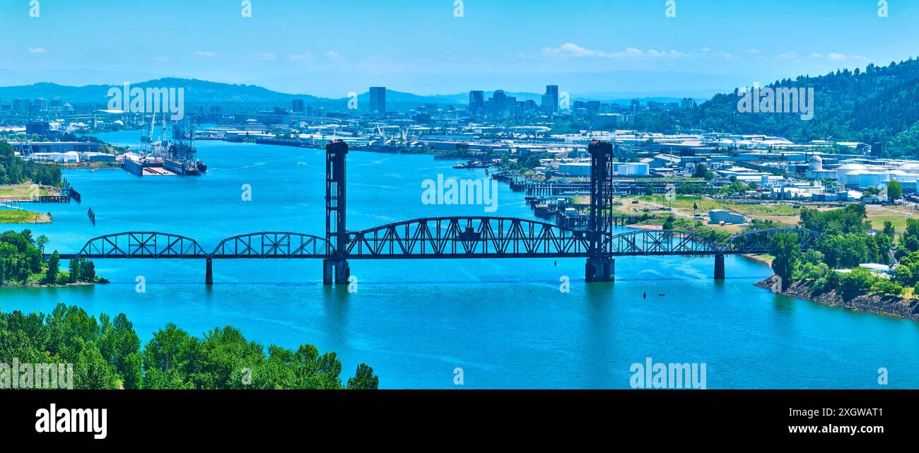 Aerial View of Steel Lift Bridge Spanning River in Portland Urban ...