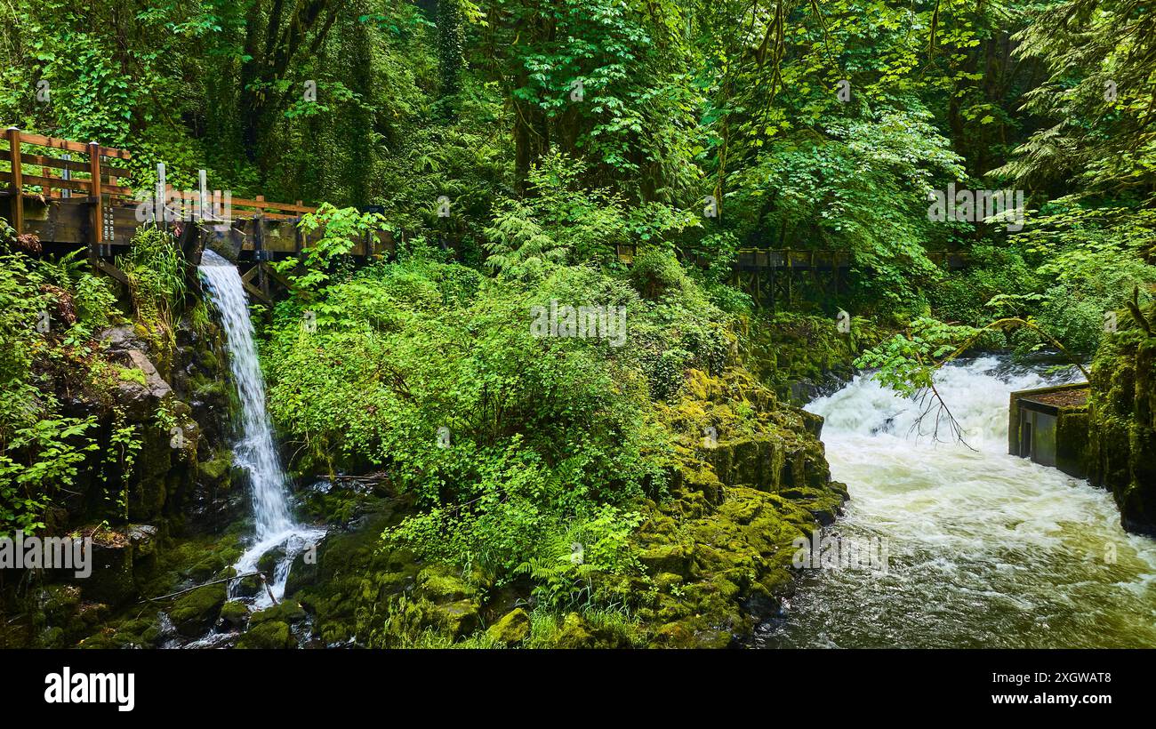 Aerial View of Cedar Creek Grist Mill Waterfall and Wooden Bridge Stock ...