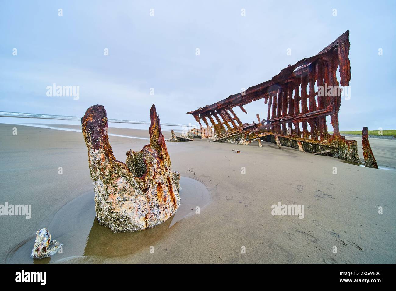 Shipwreck Skeleton on Sandy Beach Under Overcast Sky Low Perspective ...