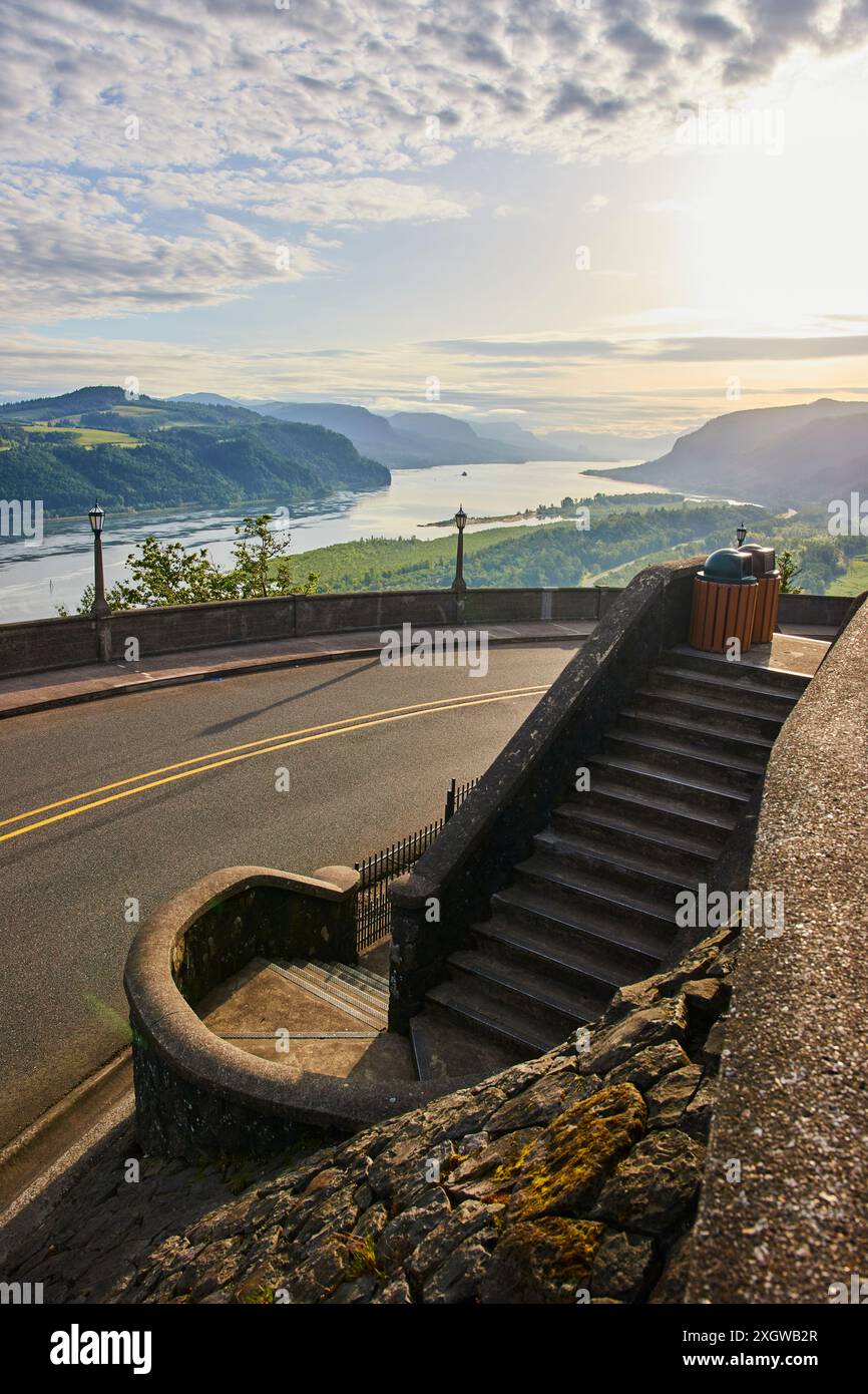 Winding Road and Stone Stairs Overlooking Columbia River Gorge at ...