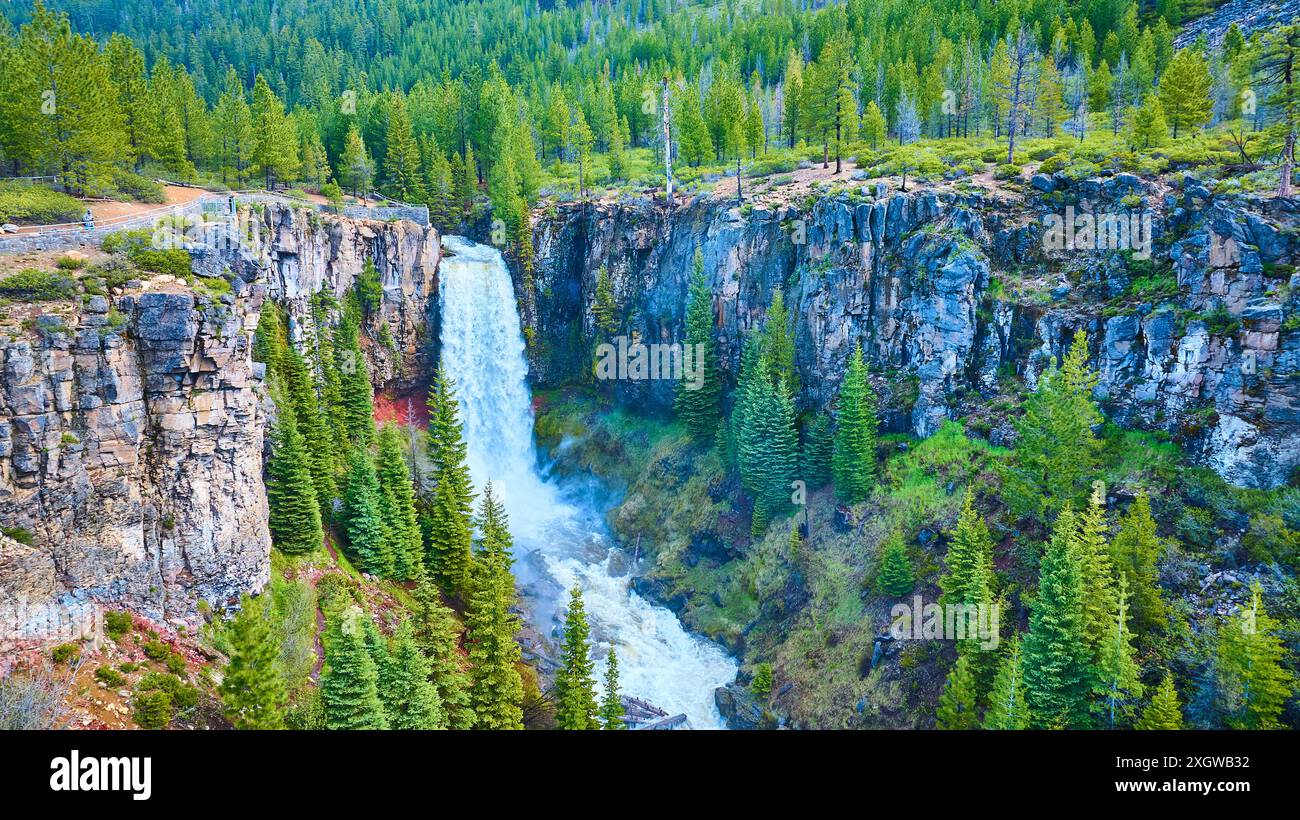 Aerial of Tumalo Falls Cascading into Rugged Canyon Deschutes National ...