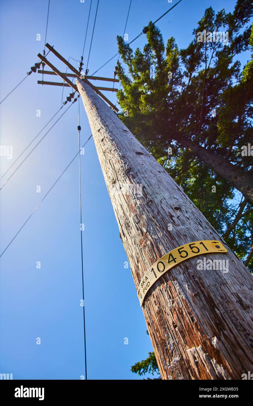 Weathered Utility Pole with Electrical Wires in Sunlit Sky Perspective ...