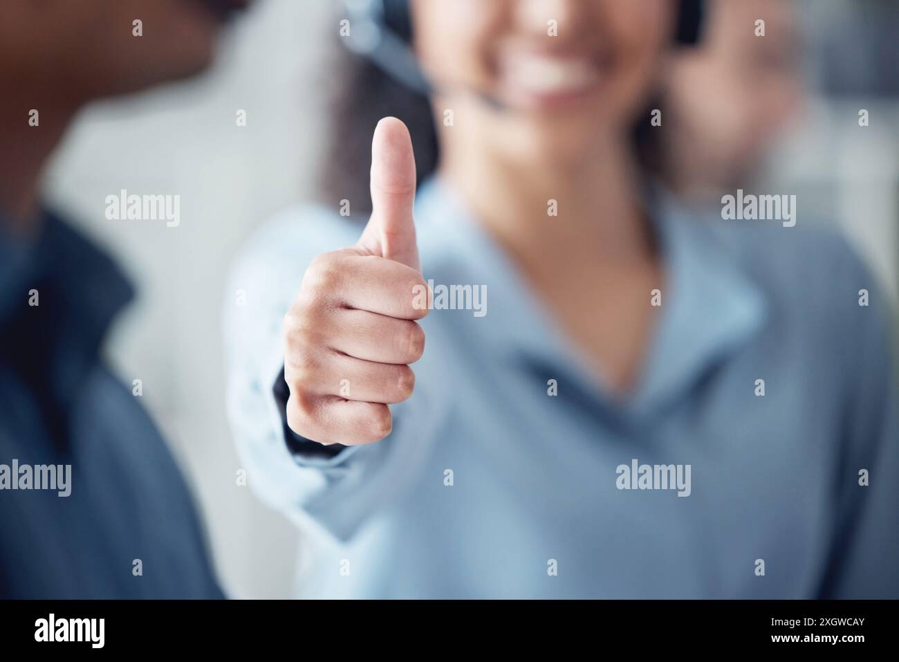 Thumbs up, telemarketing and hand at call center for b2b connection ...