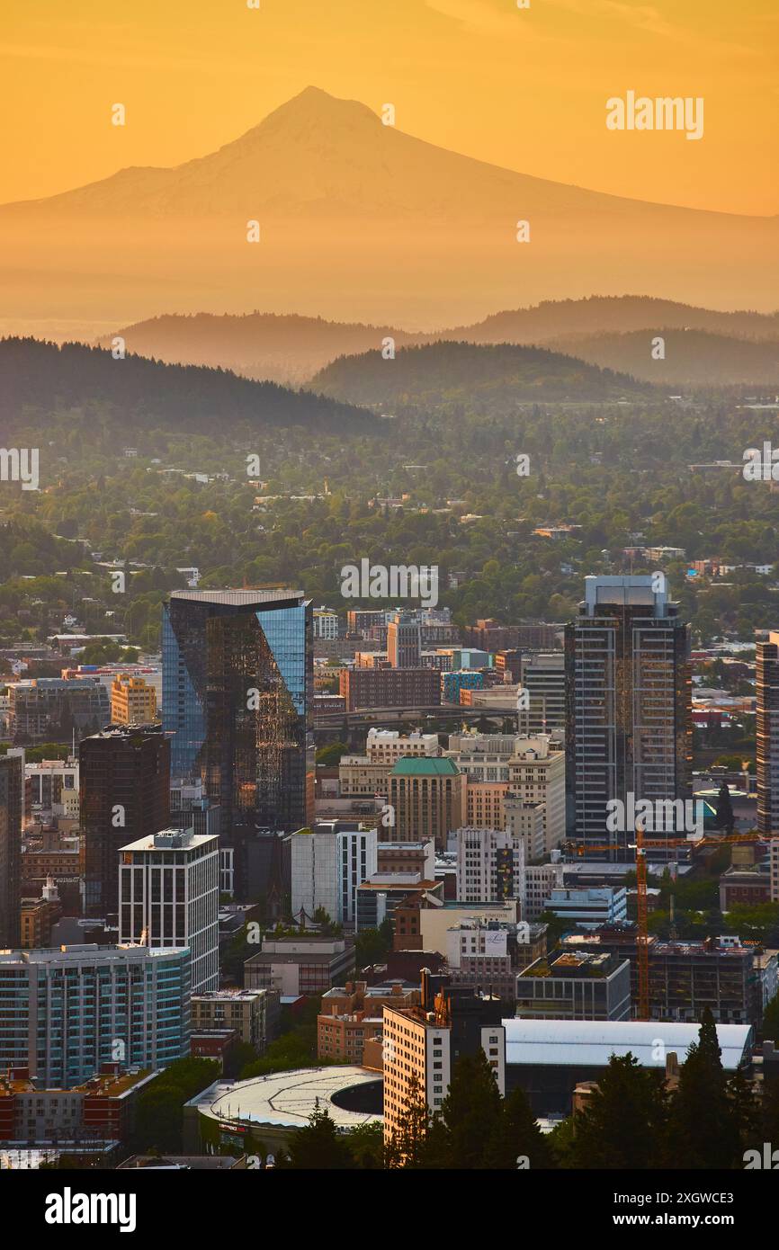 Mount Hood and Portland Skyline at Golden Hour Stock Photo - Alamy
