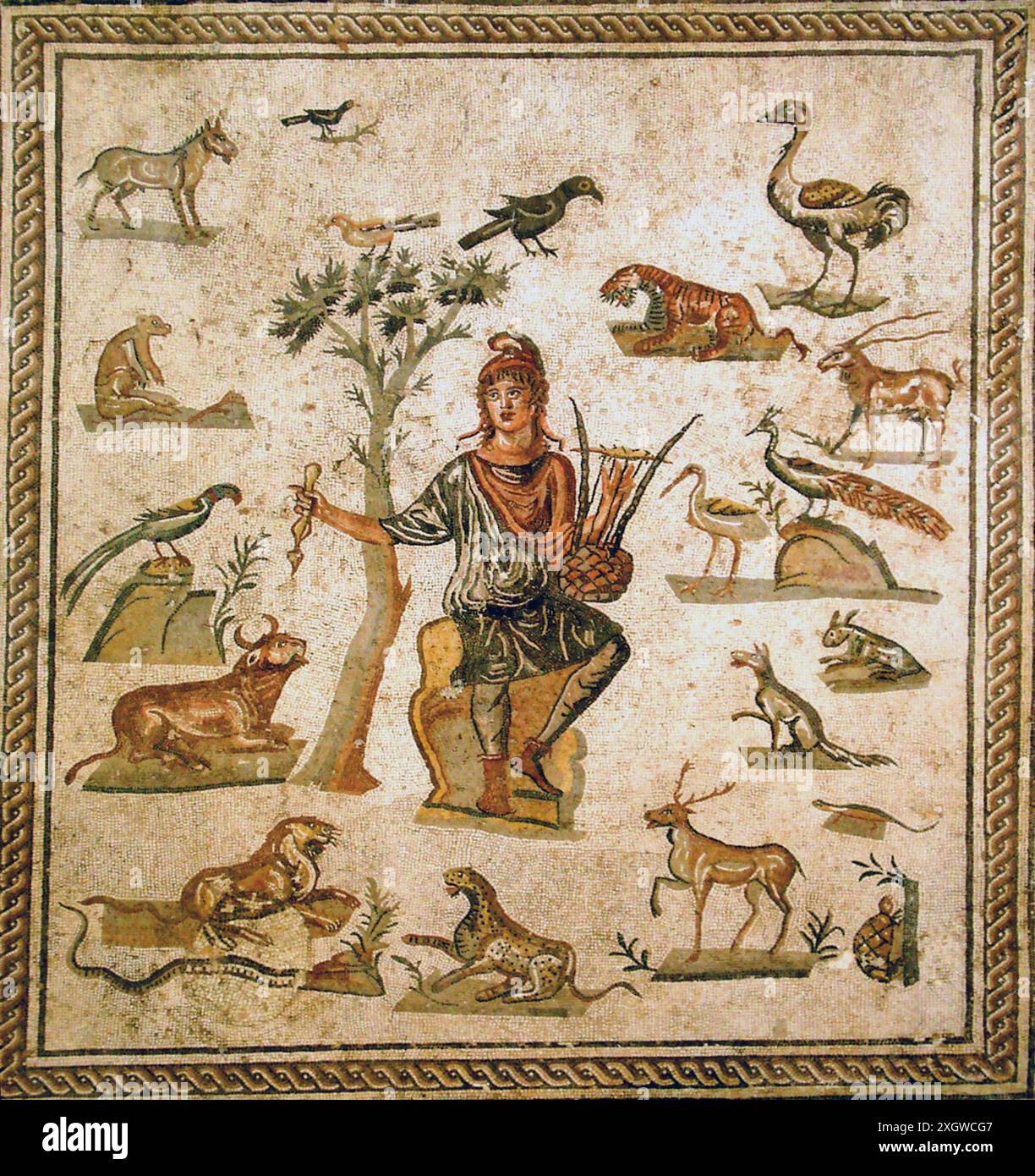 Orpheus surrounded by animals. Ancient Roman floor mosaic, from Palermo ...