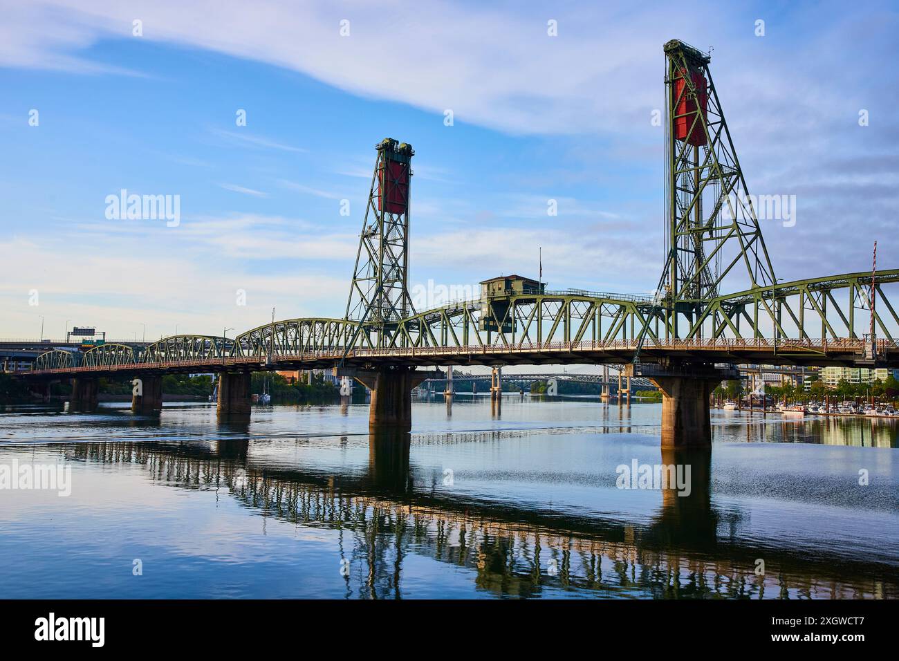Steel Truss Lift Bridge and Reflections at Riverfront - High Eye-Level ...