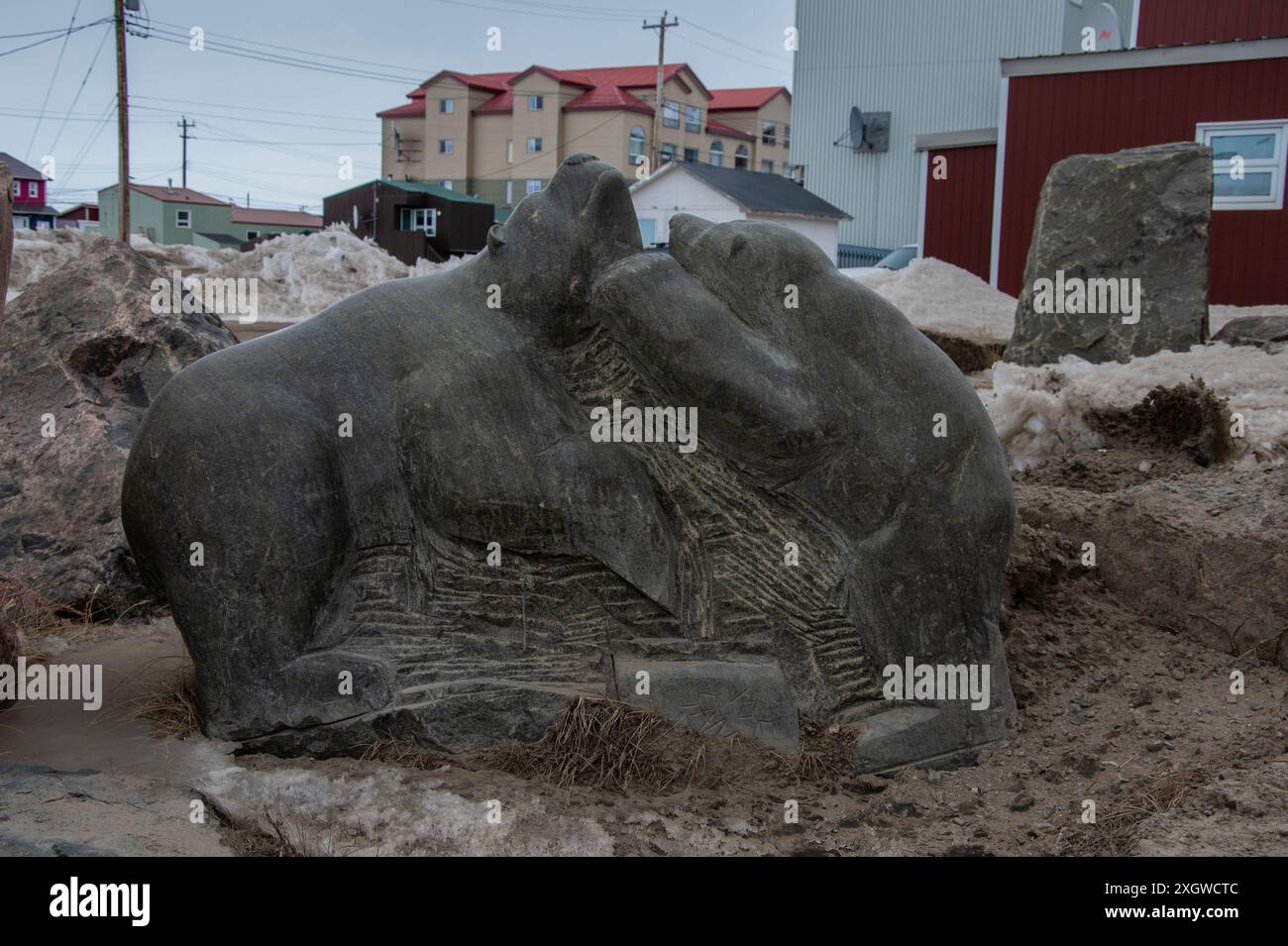 Sculpture stone carving of polar bears playing on Queen Elizabeth Way ...