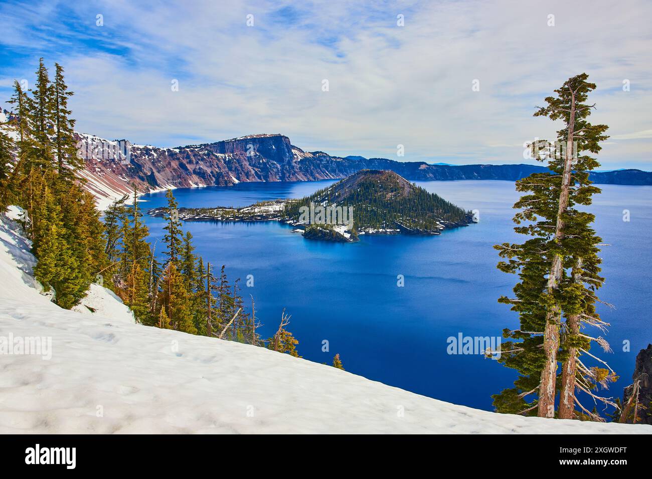 Crater Lake Wizard Island Snowy Landscape Eye-Level View Stock Photo ...