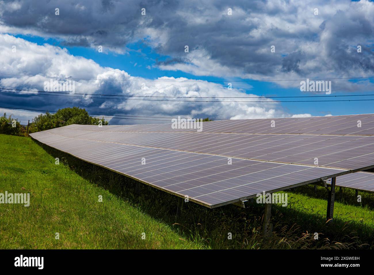 Large solar panels in a field under a blue sky with clouds, depicting ...