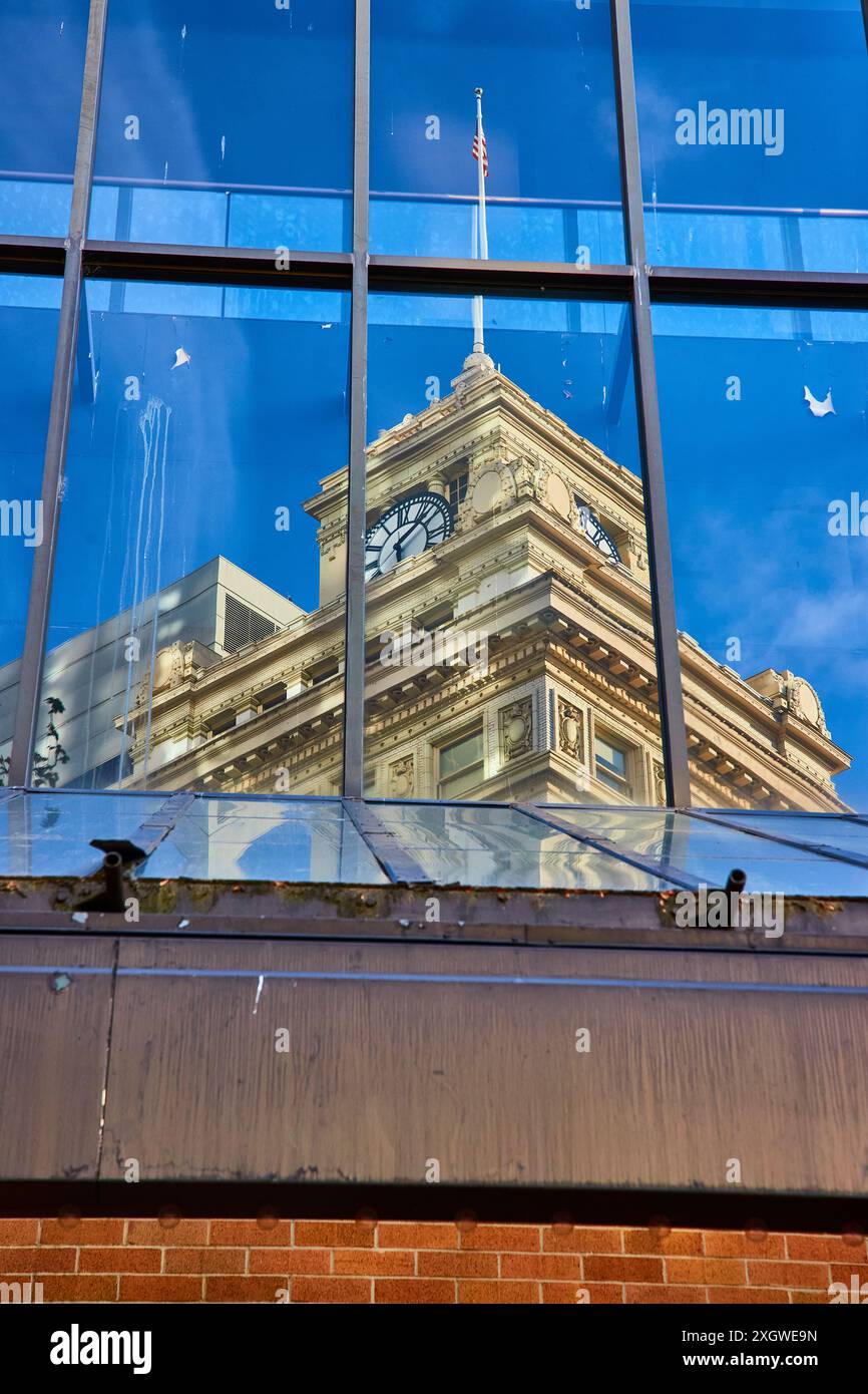 Historic Clock Tower Reflection in Modern Glass Building Perspective ...