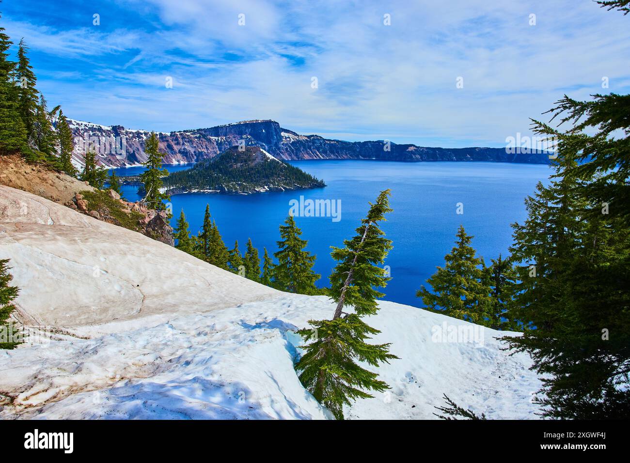 Crater Lake Snow-Covered Slopes and Wizard Island Panoramic View Stock ...