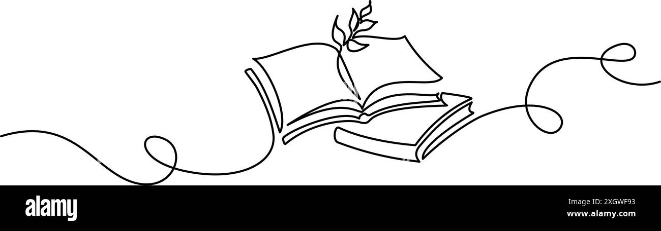 Opened book with branch of leaves corner frame. Continuous one line ...