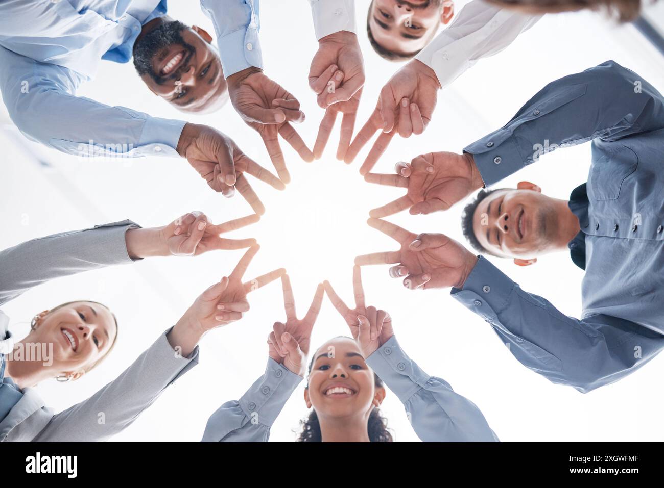 Star shape, business people and hands with portrait, brainstorming and ...