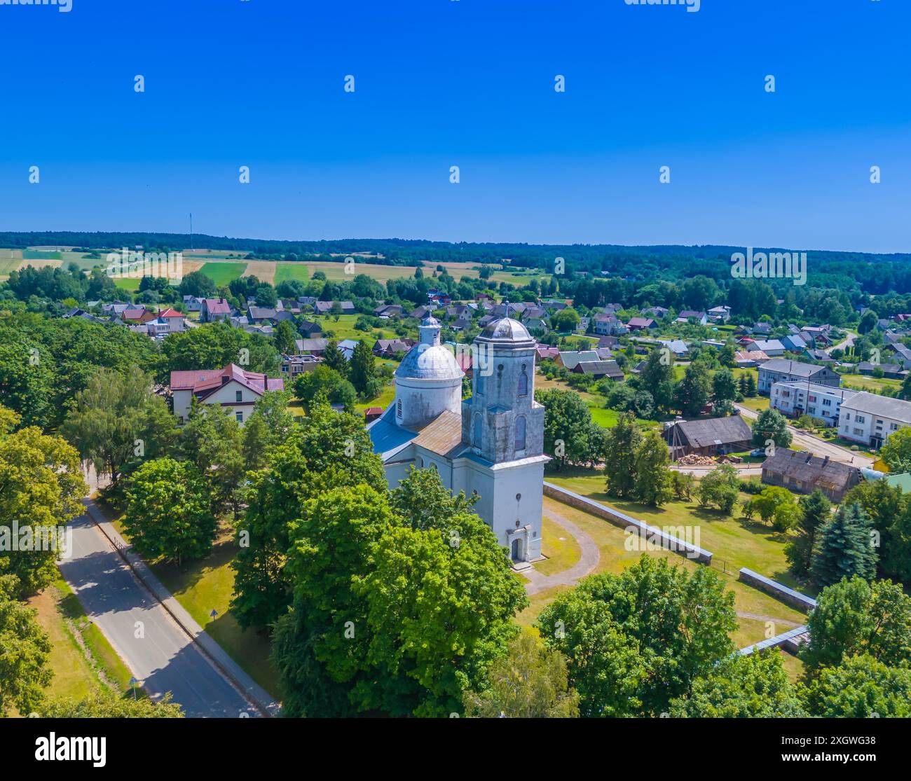 Kruonis Church of Blessed Virgin Mary, the Queen of Angels. Aerial view ...