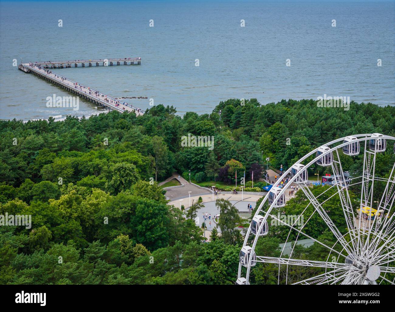 Palanga bridge, Lithuania. Aerial drone view of pedestrian pier to ...