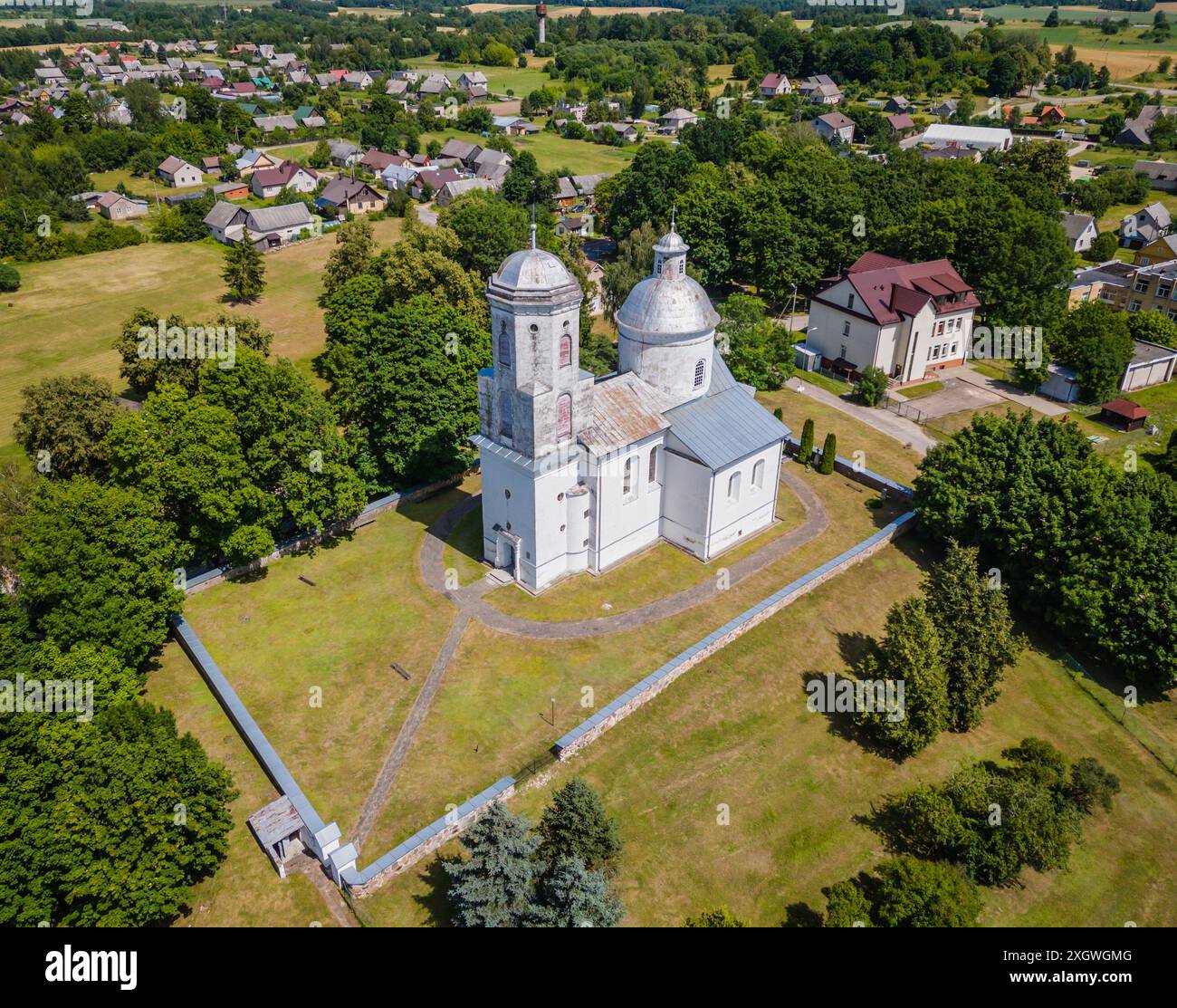 Kruonis Church of Blessed Virgin Mary, the Queen of Angels. Aerial view ...