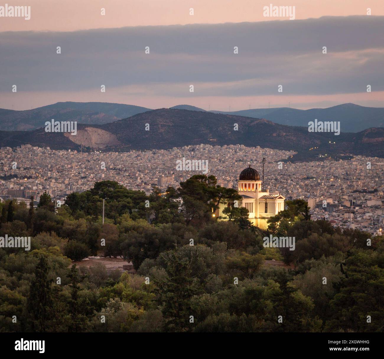 View of the National Observatory of Athens on Nymphs Hill with lights ...