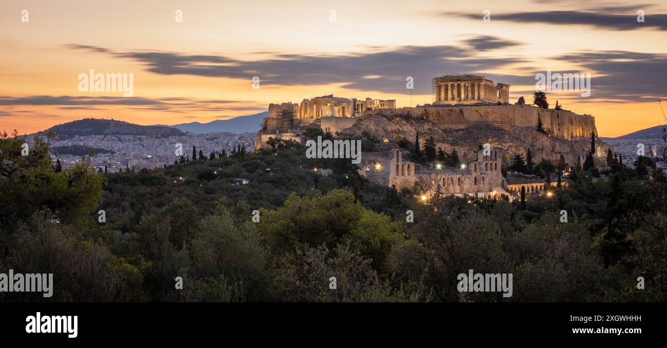 Panoramic view of the Acropolis of Athens, Greece, with lights ...