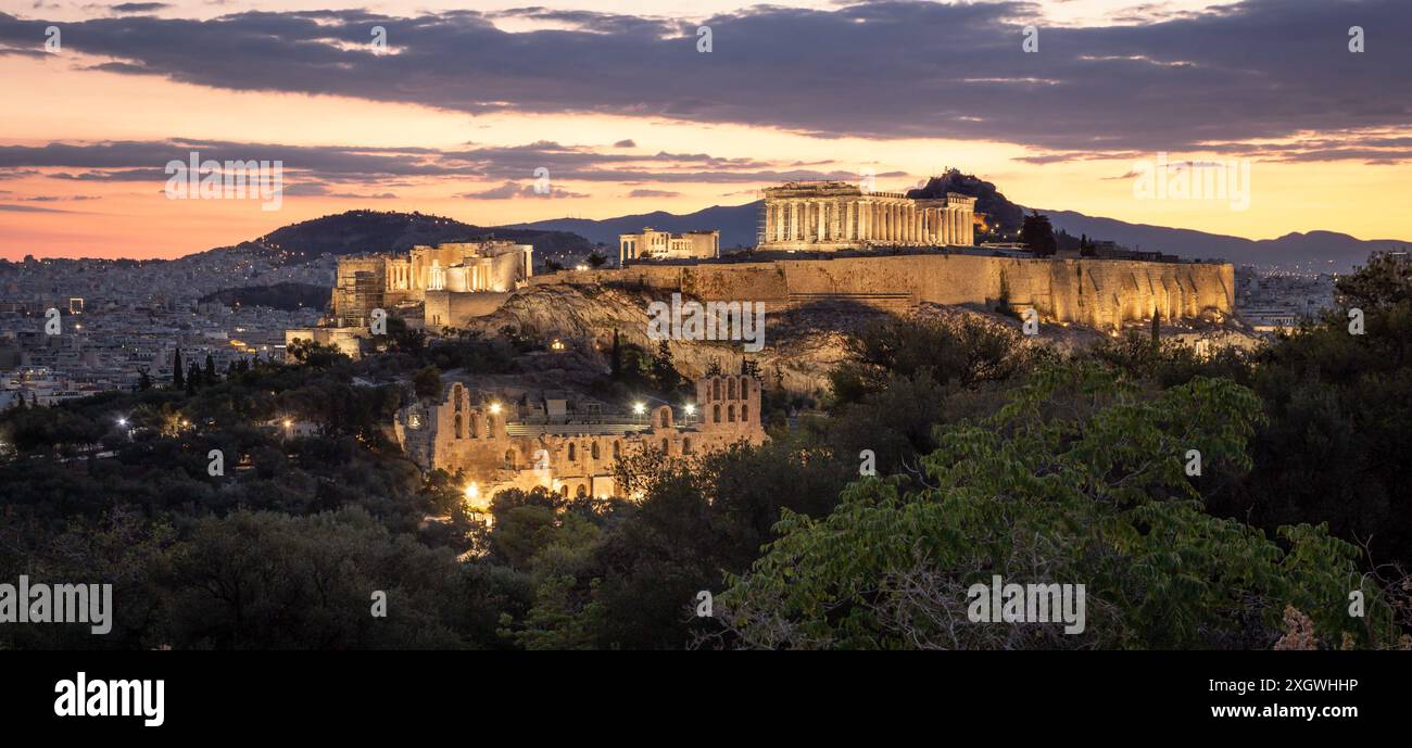 View of the Acropolis of Athens, Greece, with lights illuminating the ...