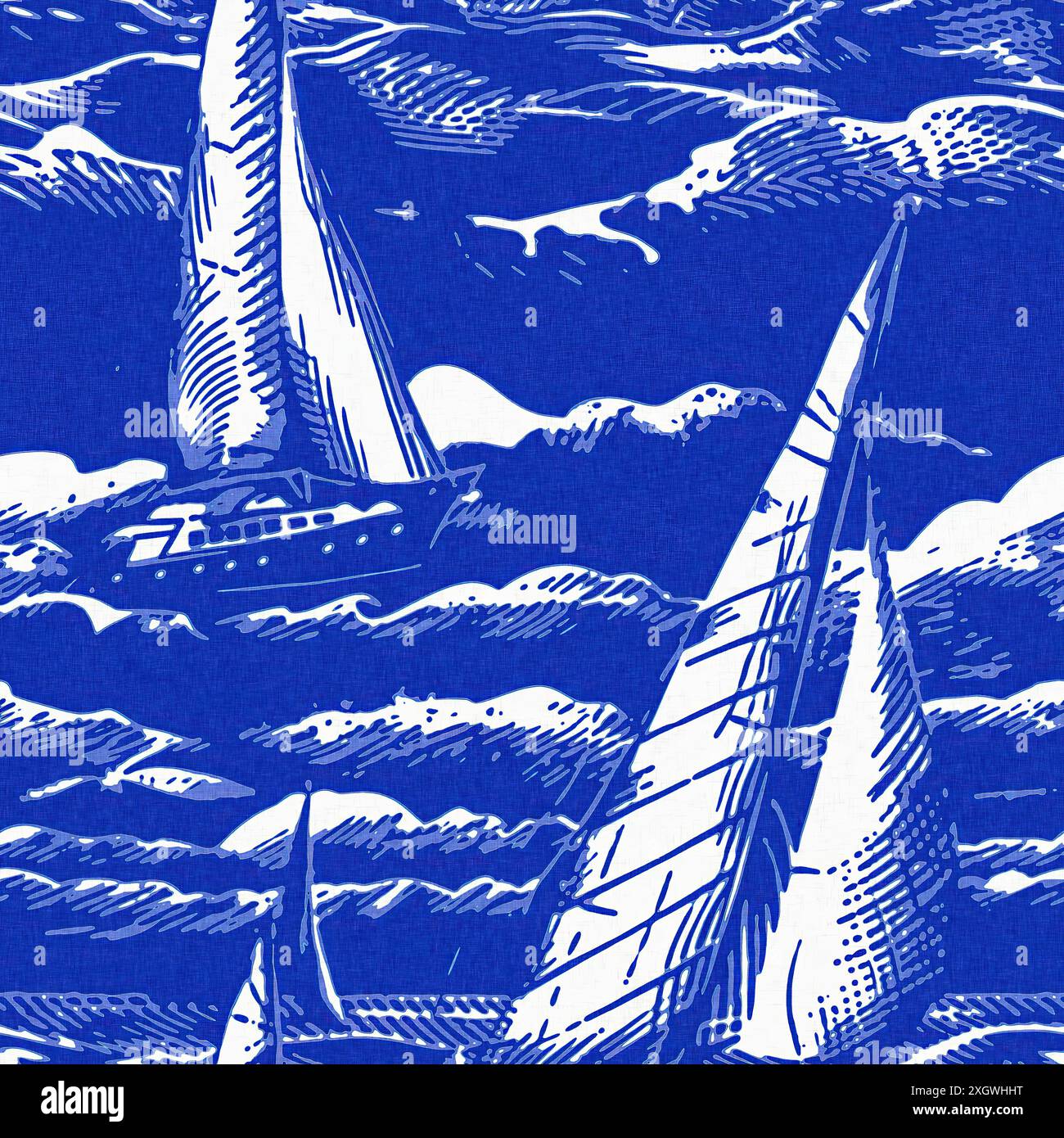 Coastal sail boat in azure ocean blue seamless background, Modern ...