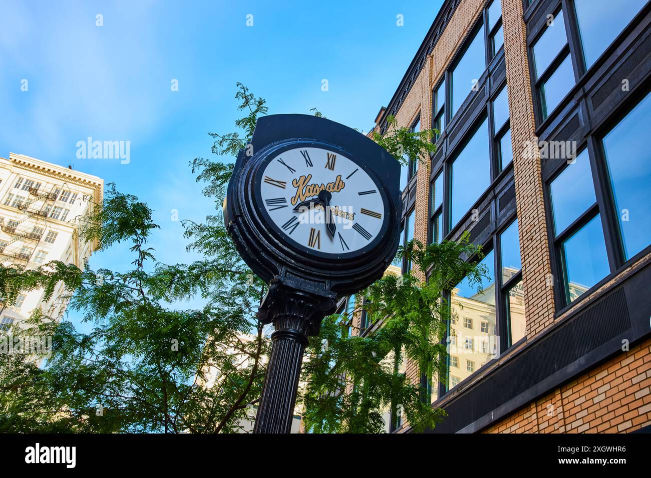 Ornate Public Clock and Urban Cityscape from Street Level Perspective ...